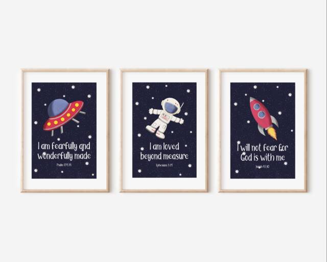 Space Theme Bible Verse Nursery Prints Astronaut, Rocket, Ufo - Set Of ...