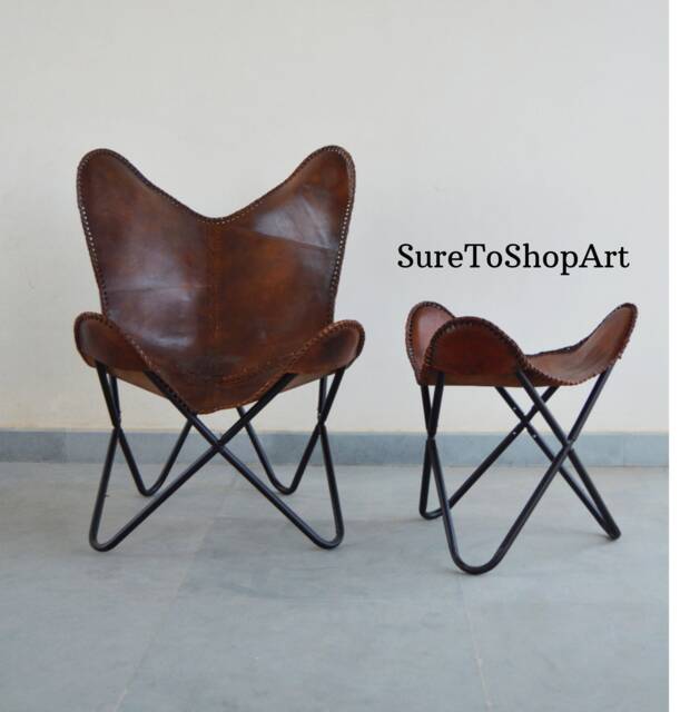 Leather Butterfly Chair & Foot Stool, Set Of Ottoman, Folding With ...