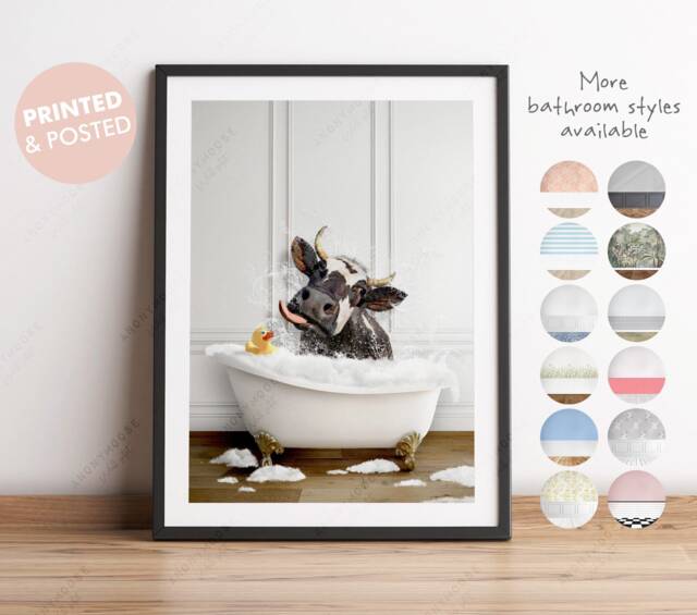 Cow Shaking Head in A Bath Print, Friesian Bathing, Funny Bathroom ...