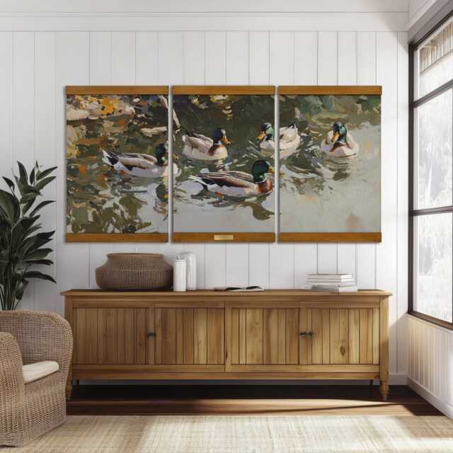 Wall Art With Engraving, Mallard Ducks On Water, 3 Piece Rustic Canvas ...
