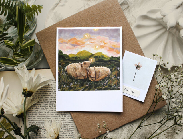 Cute Sheep At Sunset - Polaroid Print 4x5 Painting Fairycore Farmcore ...