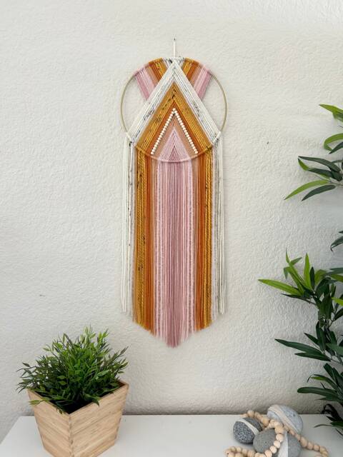 Orange Yellow & Pink Yarn Wall Hanging, Macrame Art, Boho Beaded Handmade Hangings by Etsy ...