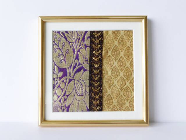 Framed Sari Fabric Pieces in A Small Gold Frame, Unusual Purple & Black ...
