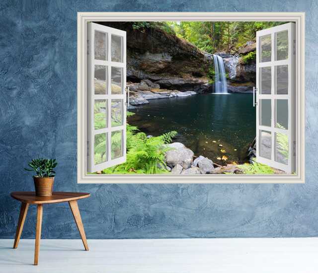 Waterfall Lake View Window 3D Wall Decal Art Removable Wallpaper Forest ...