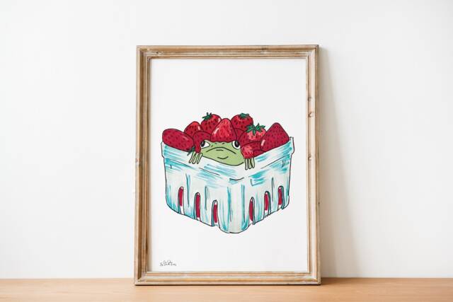 strawberry Frog Illustrated Cottage Core Wall Print, Kitchen Art ...