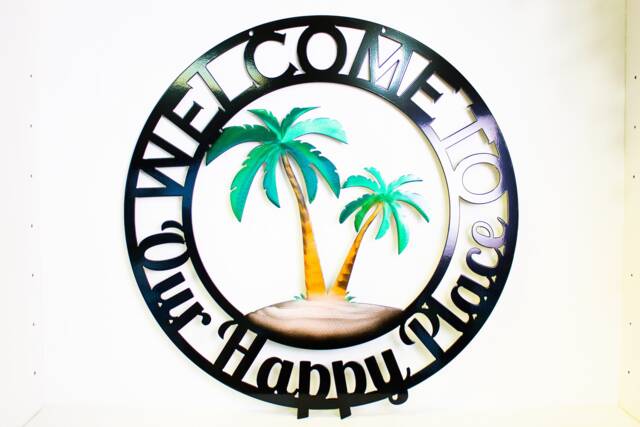 Welcome To Our Happy Place Palm Tree Scene Sign - Weatherproof Door ...