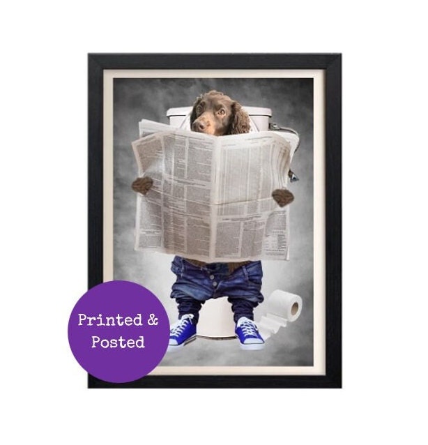 Chocolate Cocker Spaniel On Toilet - Funny Bathroom Print Dog Picture ...
