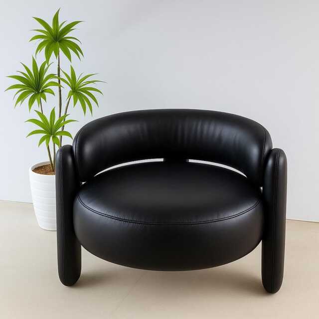 Modern Black Leather Lounge Chair - Curved Round Accent Chair ...