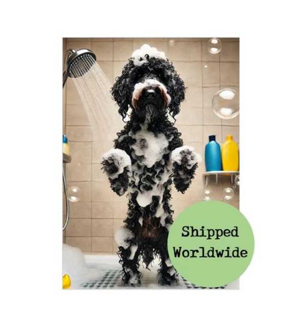 Black Golden Doodle in The Shower Print - Funny Dog Bubble Bath Picture ...