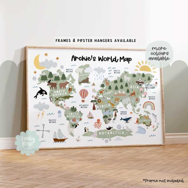 Personalised Animal World Map Print, Kids Map, Decor, Educational ...