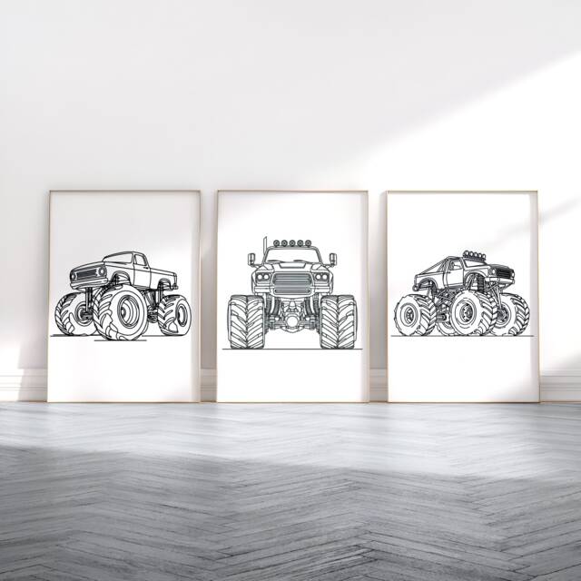 Monster Truck Wall Art - Boys Bedroom Artwork - Set Of 3 Posters Car ...