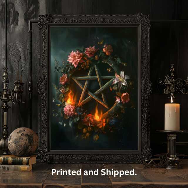 Pentagram Decor, Flaming Pentacle Floral Art, Gothic Witch Dark ...