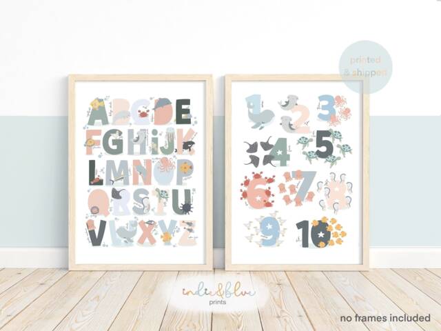 Sea Animals Alphabet Print, Numbers Under The Ocean Prints, Nursery ...