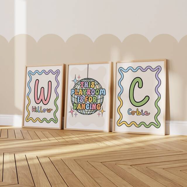 Set Of 3, Personalised, Retro Initial Prints, Nursery Print, Colourful ...