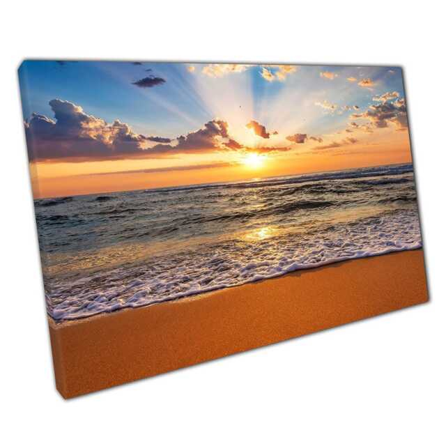 Beach Sunrise Wall Art Print - Sunrays Through Clouds Over Ocean Golden ...
