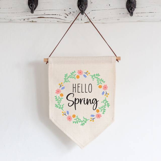 Hello Spring Linen Flag Banner - Wreath Wall Art, Home Decor Flowers ...