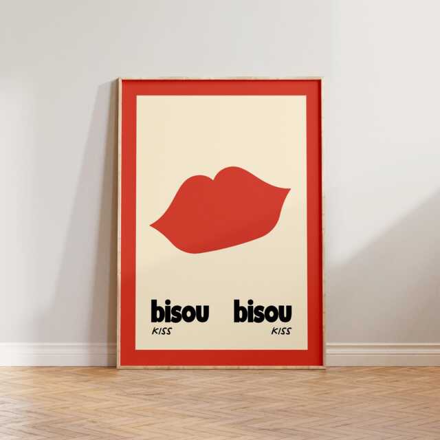 Retro Wall Art Print, Mid Century Modern Art, Bisou Vintage Style Living Room Prints, Lips ...