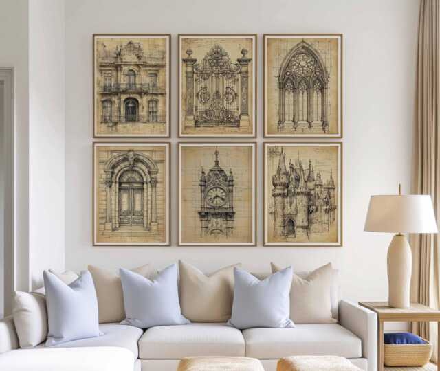 Set Of 6 Vintage Architectural Prints, Antique Building Blueprints ...
