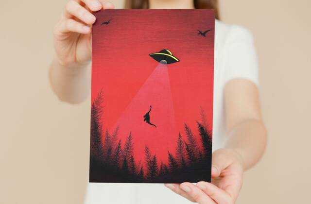 Dinosaur With Ufo Artwork, Red Black Wall Art, Brachiosaurus Alien ...