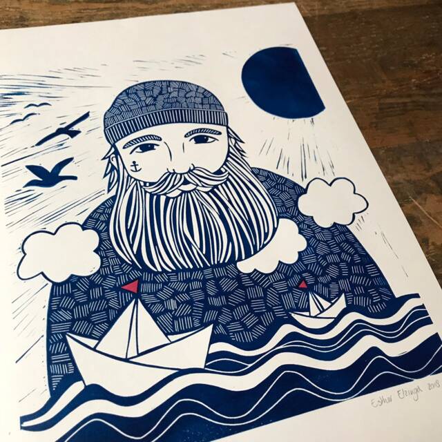 Lino Print - Original Printing A3 Size Sailor Illustration Sea Made ...