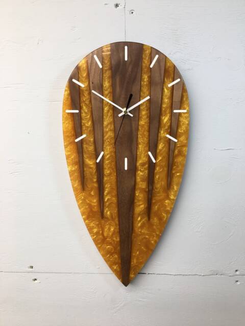 Gold Resin & Black Walnut Wall Clock, Wooden Unusual Clocks, Gold ...