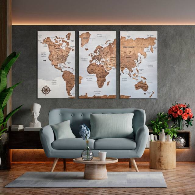 World Map Push Pin Wall Art With Free Pins, Cork Board, Wooden Travel ...