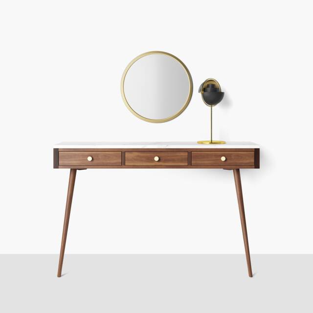 Walnut Console Hallway Table With Marble Top, Three Drawers, Two Legs ...