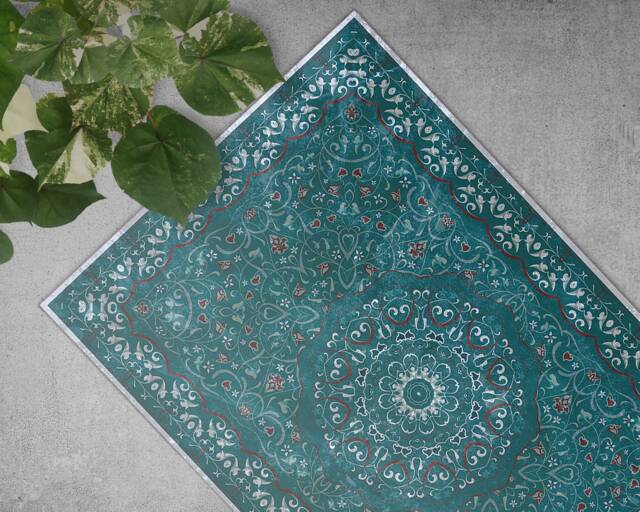 Persian Carpet Design Turquoise Vinyl Mat, Blue PVC Gray Floor Ornament ...