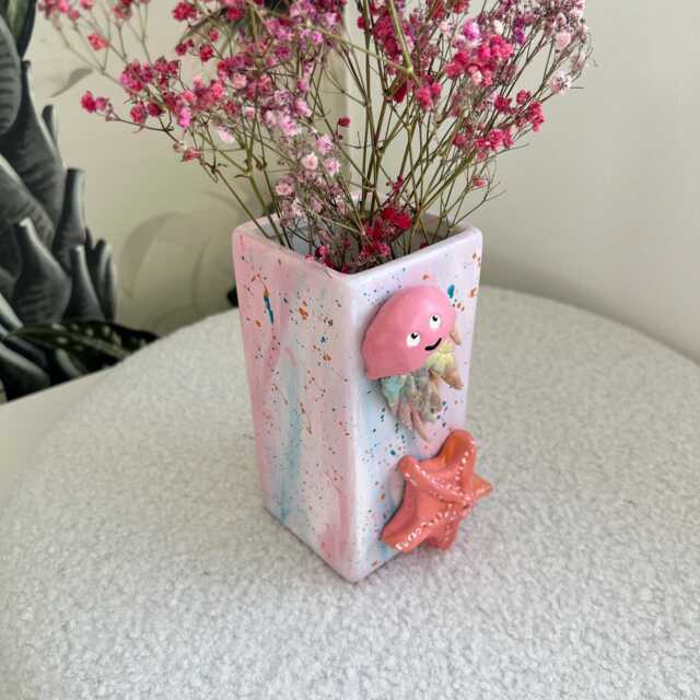 Ocean Themed Ceramic Vase Jellyfish Starfish Pastel Colourful Clay Gift ...
