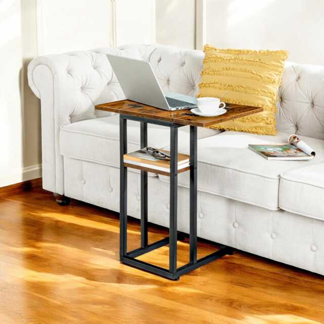 C Shaped Table With Foldable Shelf, Folding Sofa Table, Narrow C-Shaped ...