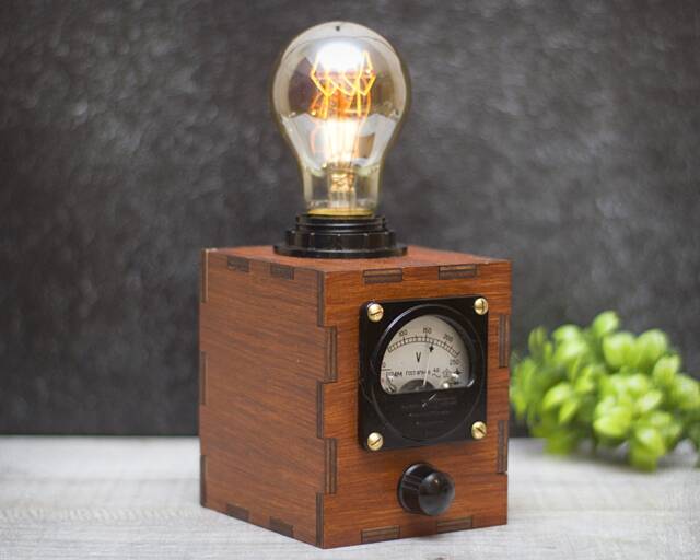 Meter Wood Lamp With Edison Bulb. Original Old Voltmeter & Dimmer ...