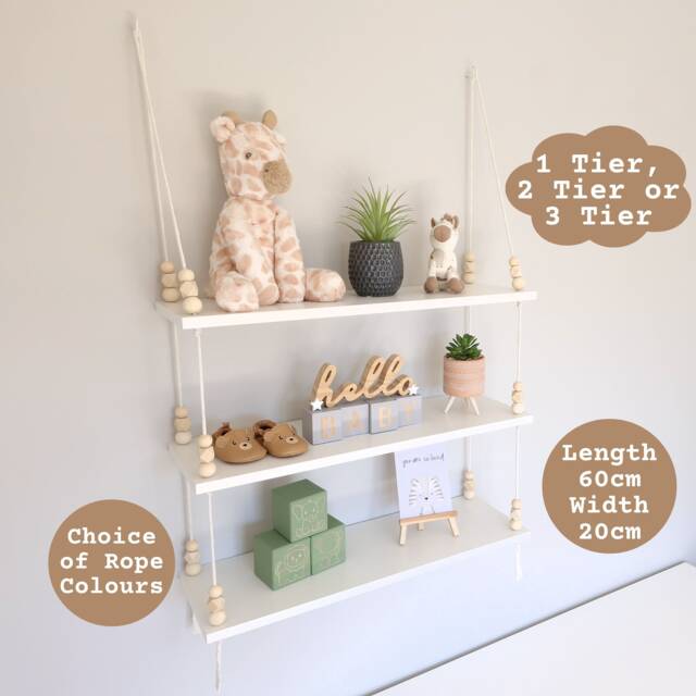 Nursery Shelf, Shelves, White Swing Rope Hanging Scandi Baby Peg Rail ...