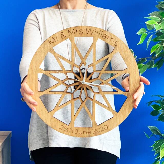 Personalised Geometric Oak Clock - Couples Newly Weds Anniversary ...