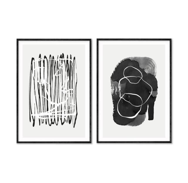 Pair Contemporary Abstract Black & White Unframed Prints. Modern Art ...