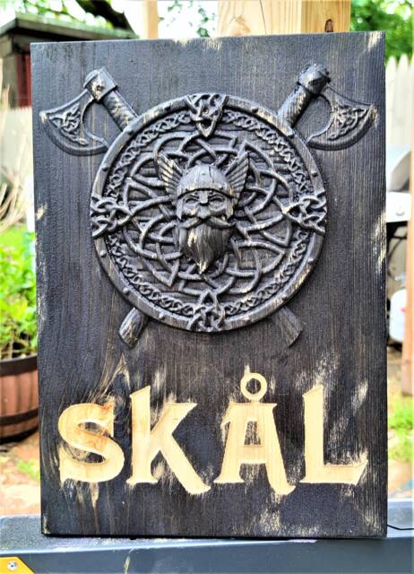 Viking Skal 3D Carve Wood Sign Norse Wall Art Man Cave Distressed Sk??l ...