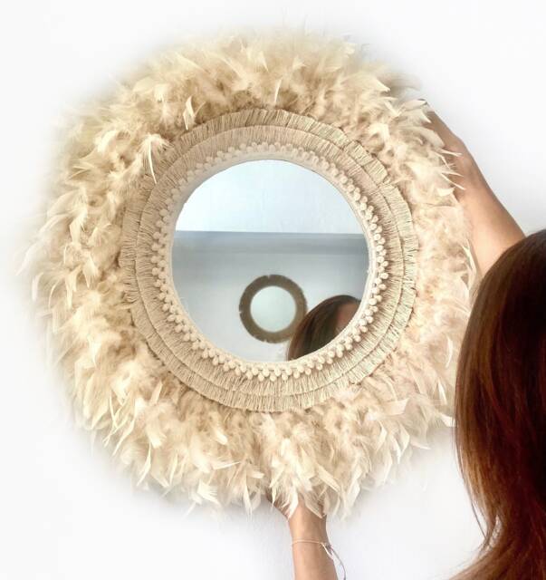 Wall Feather Round Mirror, Feather Mirror Wall Decor, Round Mirror Boho ...