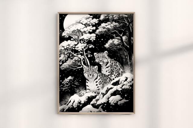 Matsumoto Hoji Snow Leopards Print, Traditional Japanese Leopard Art ...