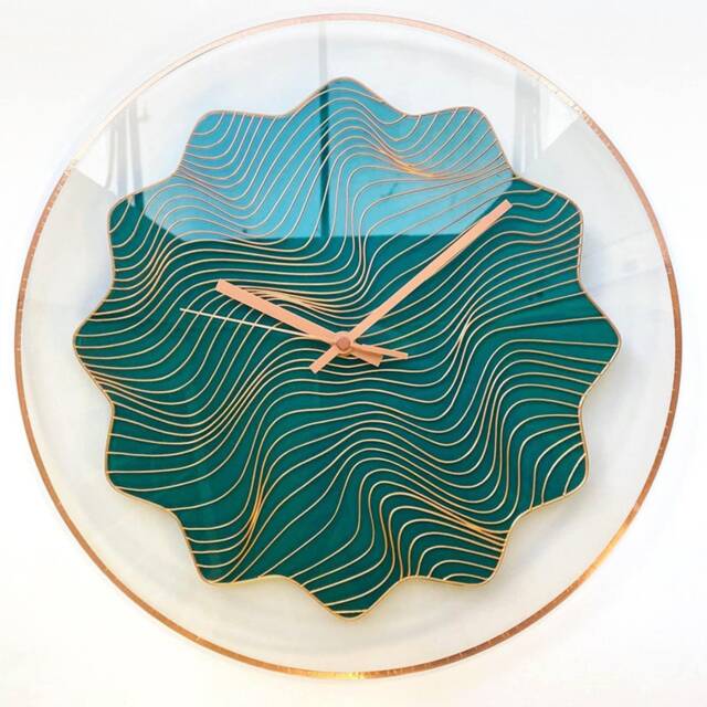 Emerald Green Glass Wall Clock 3D Wave Art, Hand-Painted Minimalistic ...
