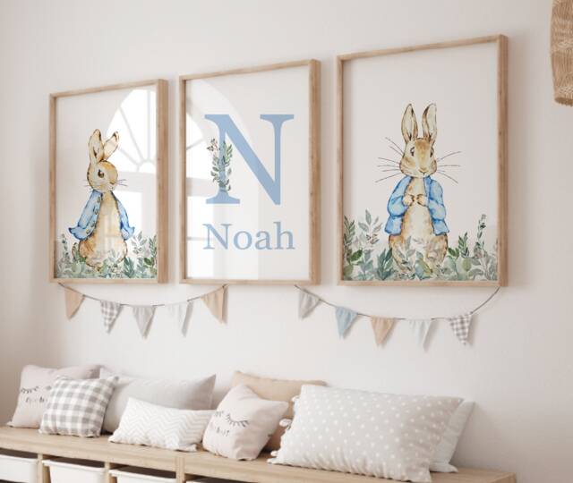 Peter Rabbit Personalised Nursery Prints, Boys Botanical Blue Decor ...