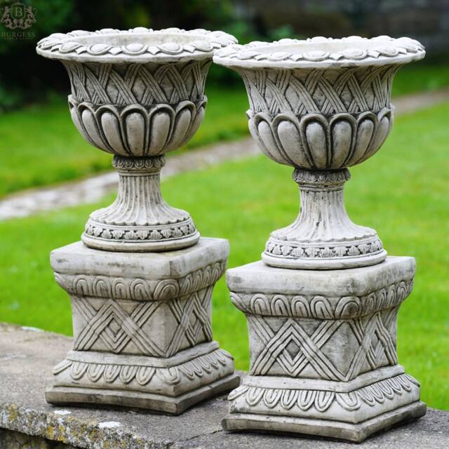 Pair Of Vase Urns + Plinth Planters Stone Garden Ornament - Trough ...