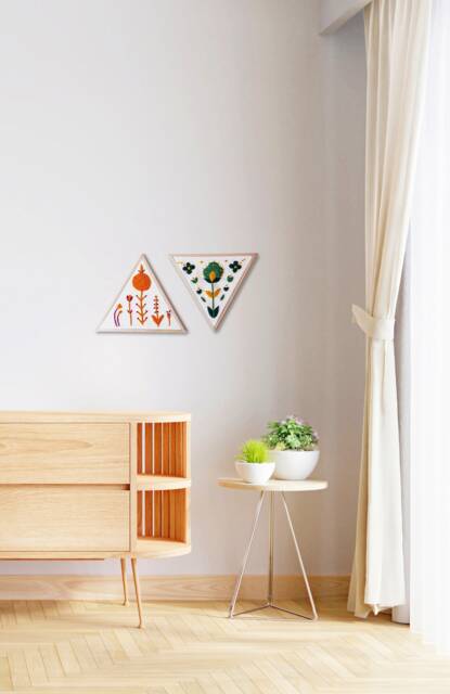 Wall Hanging, Set Of 2 Embroidered Flower Pictures, Abstract Art ...