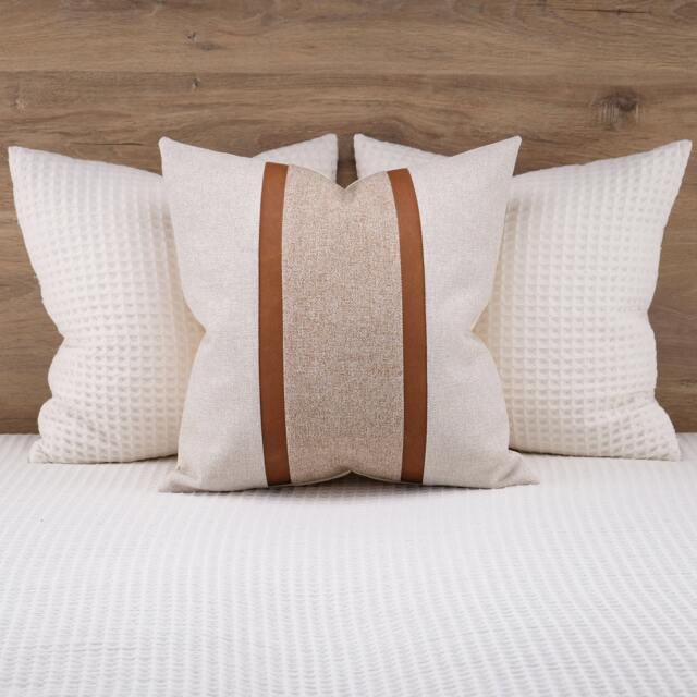 Color Block Pillow Cover, Beige Woven Fabric With Cognac Faux Leather ...