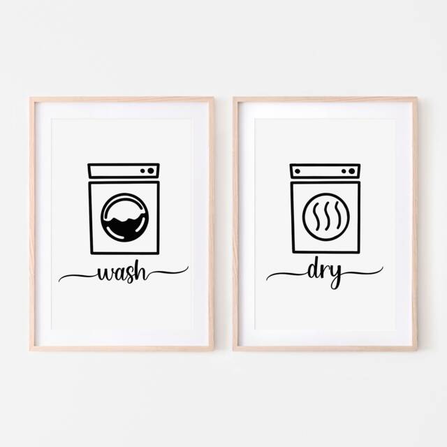 Laundry Prints in Bold Black, Wash & Dry Prints. Print Set For Utility ...
