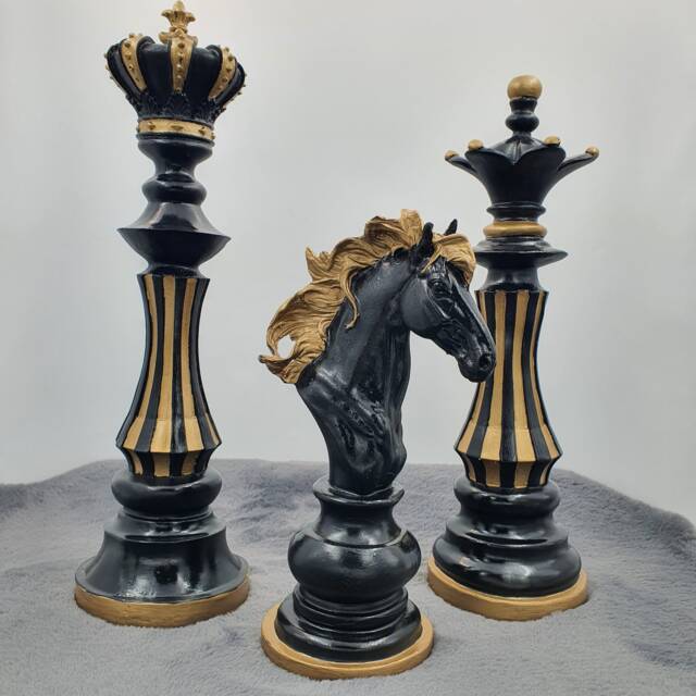 Chess Team Statues, 3 Piece Sculpture, Housewarming Gift, Black & Gold ...