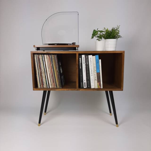 Walnut Vinyl Record Storage Cabinet - Mid Century Modern Media Console ...