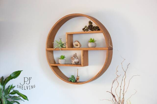 Solid Red Oak Circle Shelf Floating Wall Shelf. Modern Design Crystals ...