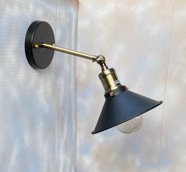 Industrial Antique Brass & Black Wall Sconce With Swivel, Flat Shade ...