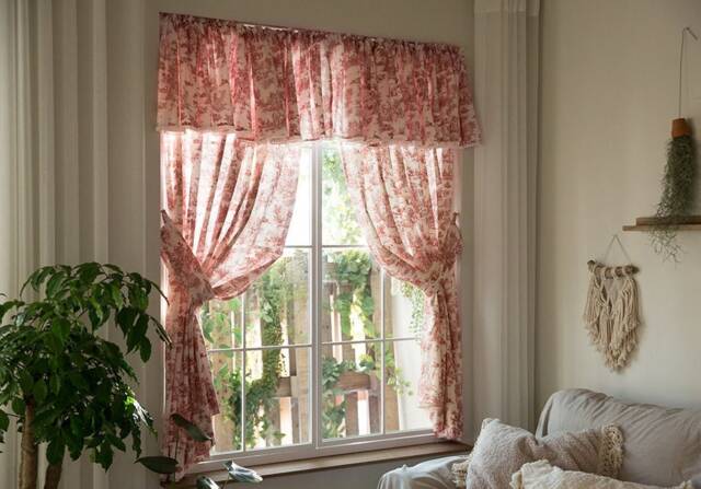 Set Of 2 Red Toile Farmhouse Linen Curtain Bohemian Frill Ruffle ...