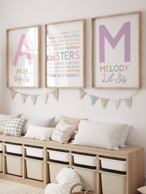 Set Of 3 Personalised Sister Prints, Sibling Shared Bedroom, Wall Art ...