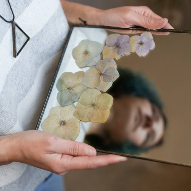 stained Glass Mirror With Pressed Flower Hydrangea, Rectangular Wall ...